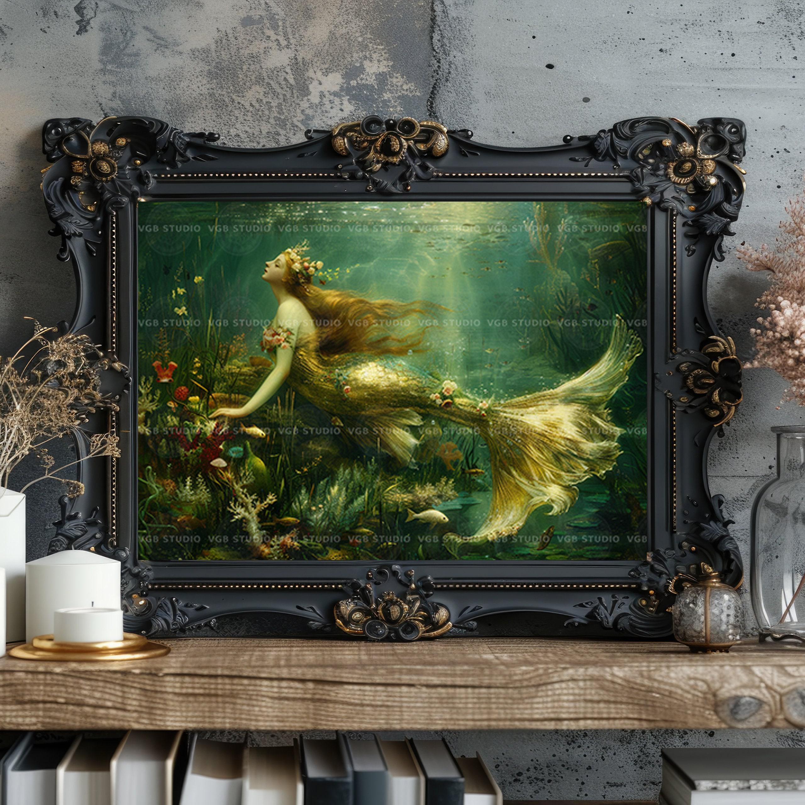 Golden Mermaid Swimming Under the Sea Coral Reef, Siren Whimsical ...
