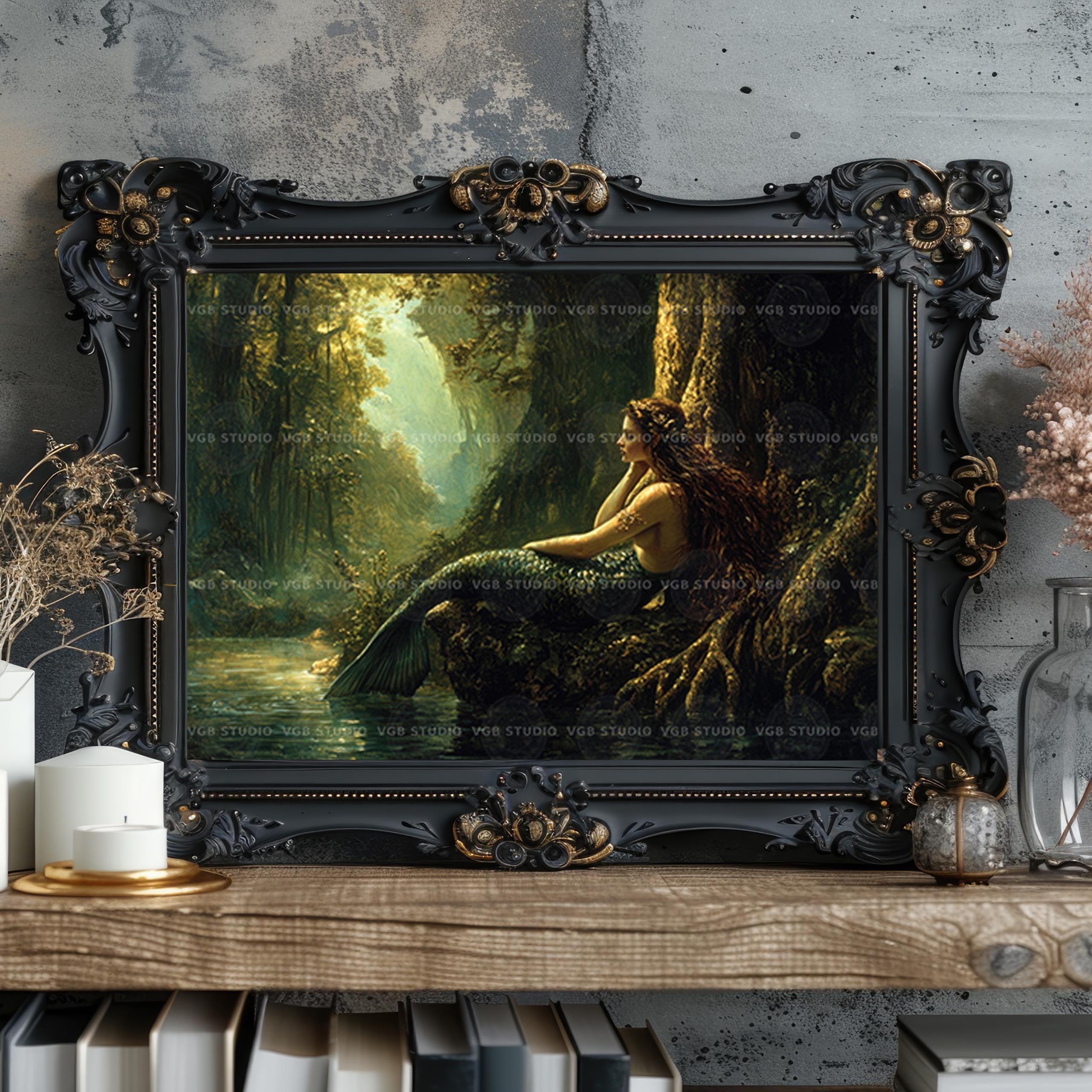 Enchanted Forest Mermaid Art Print Serene River Fantasy Wall Decor ...