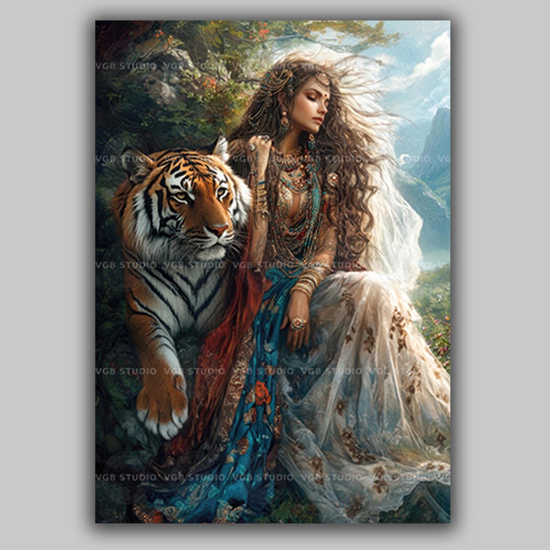 Durga Hindu Goddess of Strength and Protection Art Print With Tiger ...