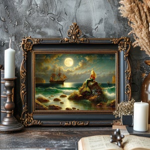 Beautiful Mermaid Contemplating Moon and Sea, Siren Whimsical Baroque ...