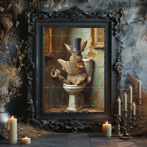 Rabbit Victorian Gentleman Hare Reading Newspaper on Toilet Whimsical ...