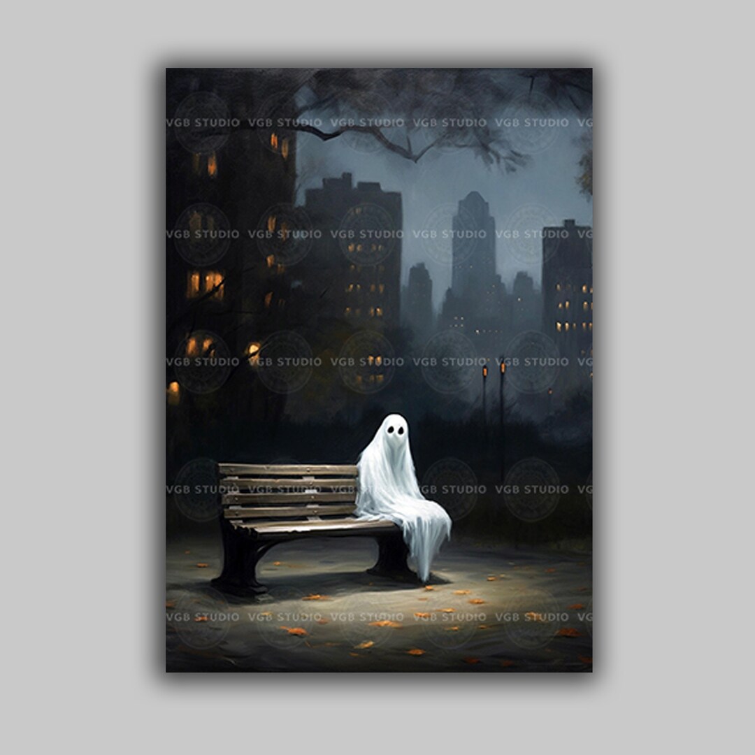Ghost Sitting on Bench at City Park Art Print, Lonely Moody Ghoul ...