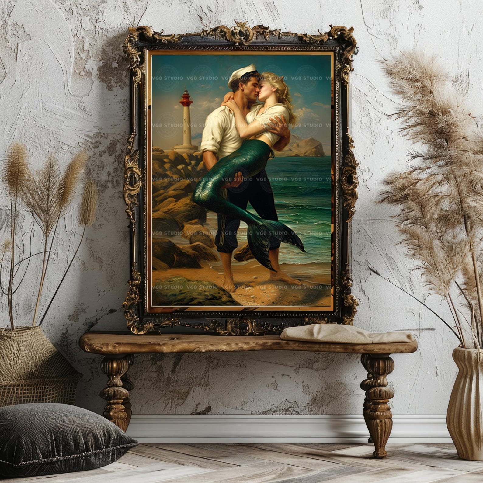 Romantic Mermaid and Sailor Art Print With Lighthouse Kiss Scene ...