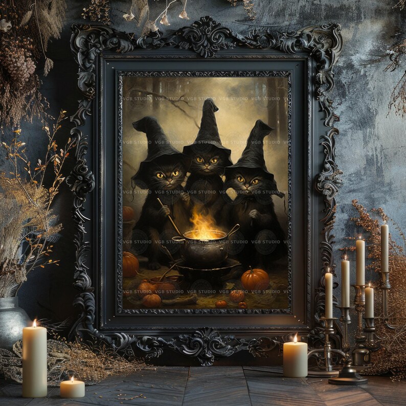 Witch Cats Art Print Black Cat Halloween Decor Pumpkin Cauldron Wall ...