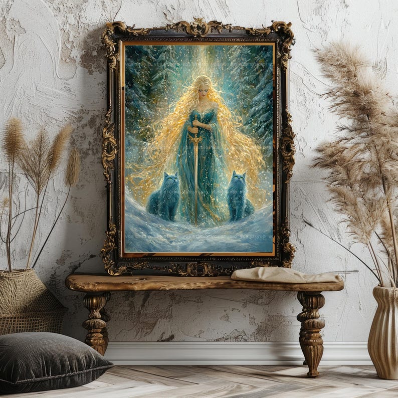 Freya Norse Goddess Art Print With Sword and Blue Cats, Freyja Radiant ...