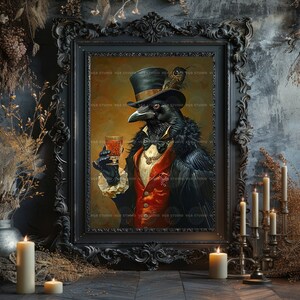 Crow Top Hat Raven Victorian Gentleman Having a Drink, Fancy Black Bird ...