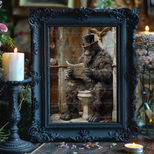 Bigfoot Reading Newspaper on Toilet Print, Sasquatch Top Hat Gentleman ...