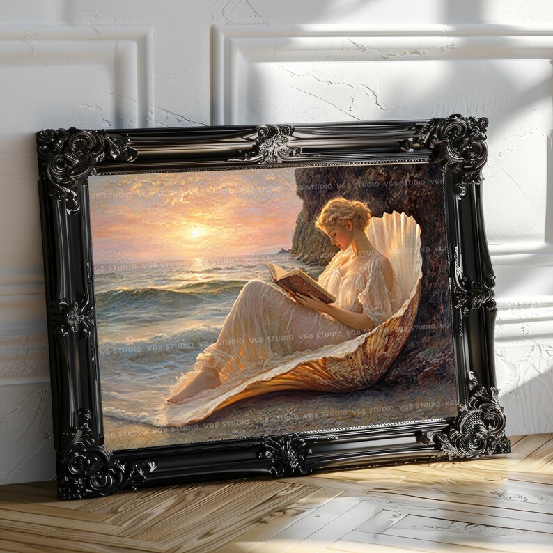 Aphrodite Reading Book Birth of Venus Myth Art, Sea Shore Greek Goddess ...