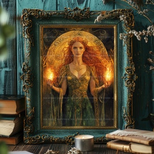 Celtic Goddess Brigid With Fiery Aura Art Print, Mystical Fire Deity Wall Art, Ethereal Fantasy ...