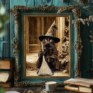 Cat Witch Black Cat Wall Art Print, Halloween Feline Witchy Vintage ...