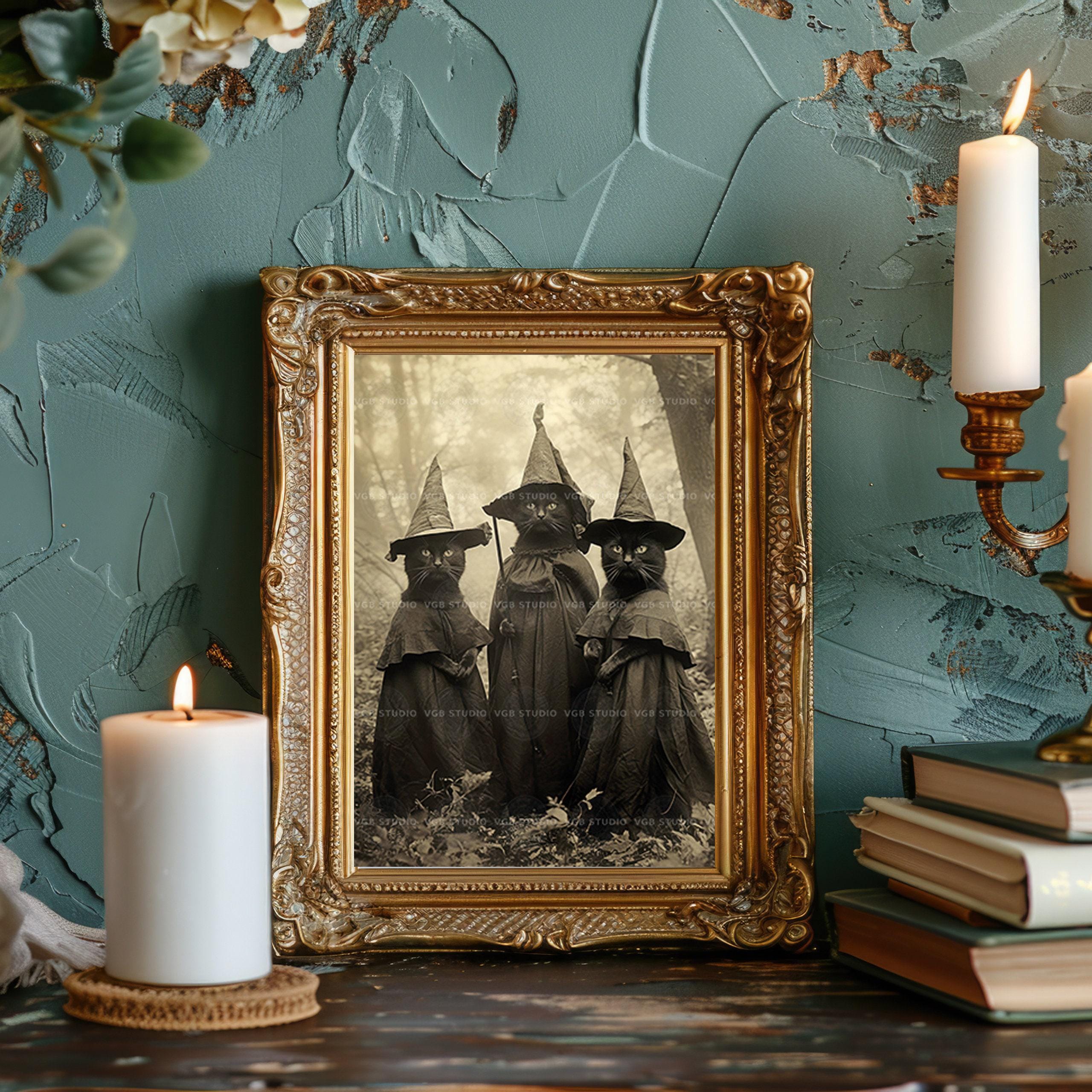 Three Black Cat Witches Wall Art Print, Vintage Halloween Decor, Gothic ...