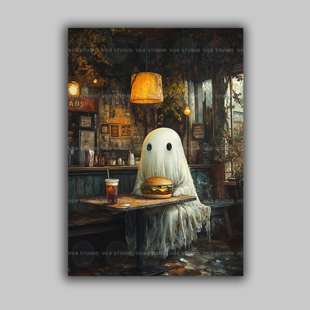 Funny Ghost Art Print Whimsical Halloween Wall Decor Haunted Diner ...