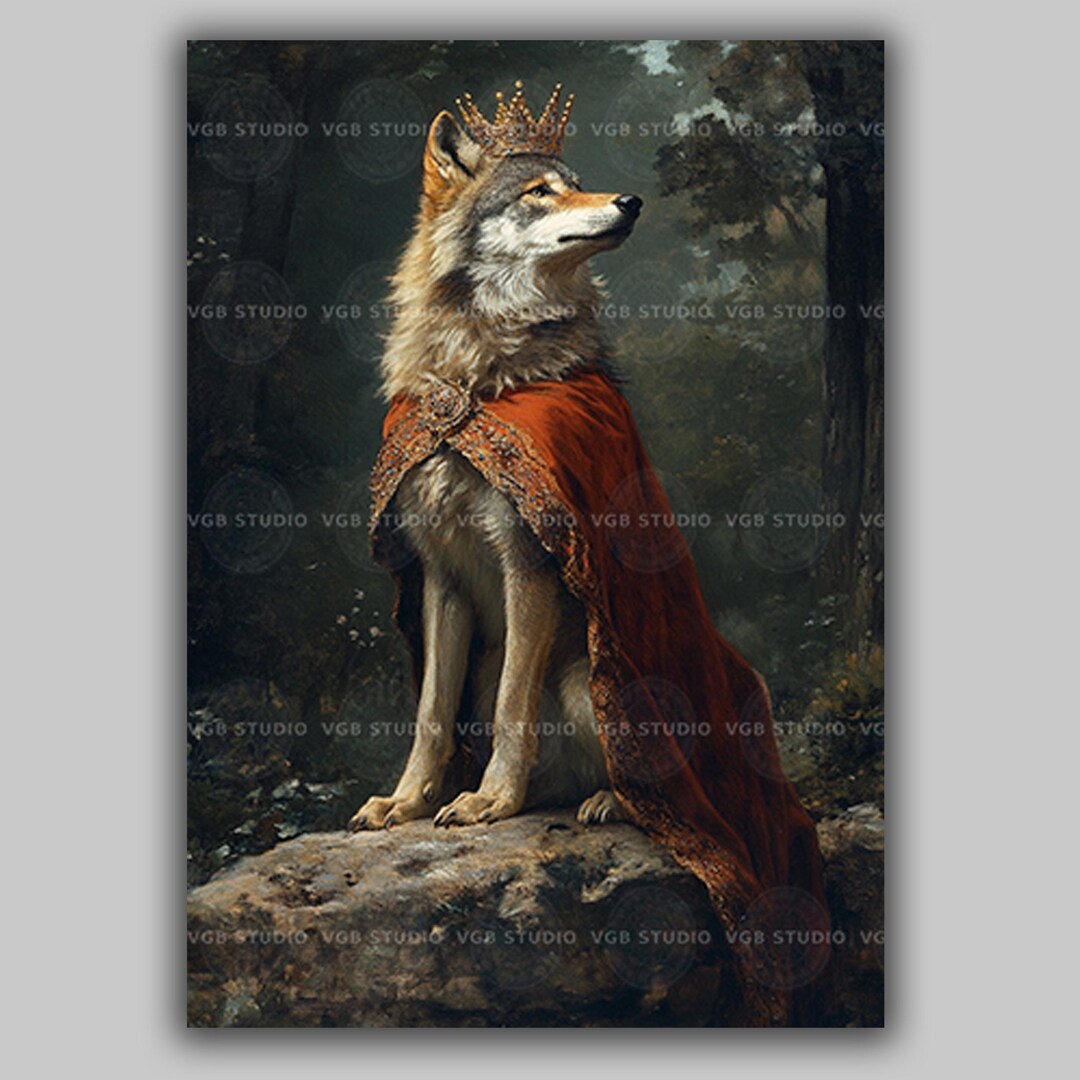 Majestic Wolf King Art Print in Regal Red Cloak, Medieval Animal ...