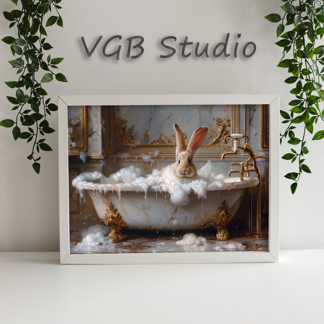 Rabbit Bath Victorian Bathtub, Hare Bathroom Whimsical Fine Art Print ...