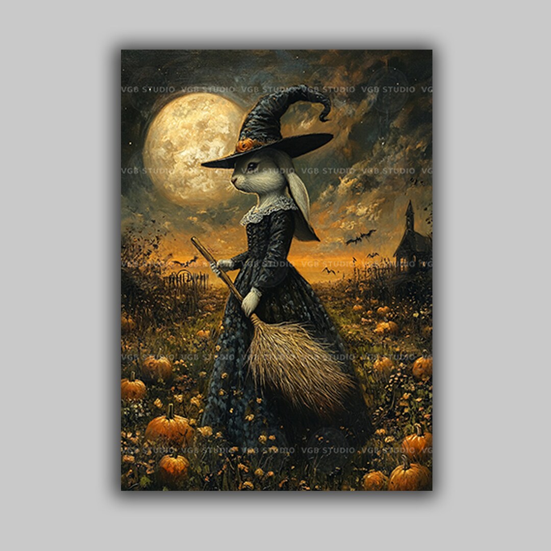 Whimsical Witch Bunny in Pumpkin Field Enchanting Halloween Fantasy Art ...