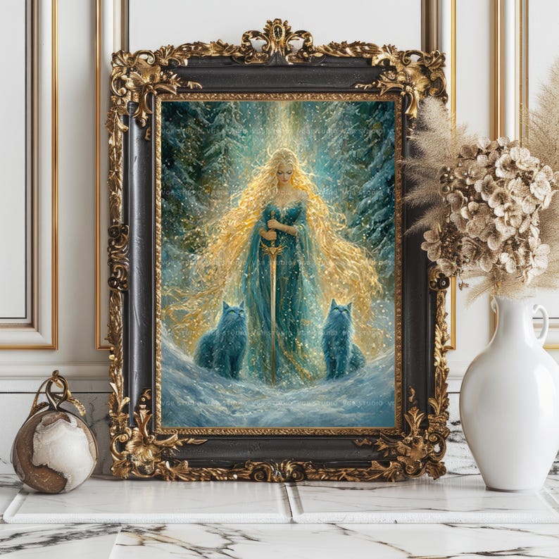 Freya Norse Goddess Art Print With Sword and Blue Cats, Freyja Radiant ...
