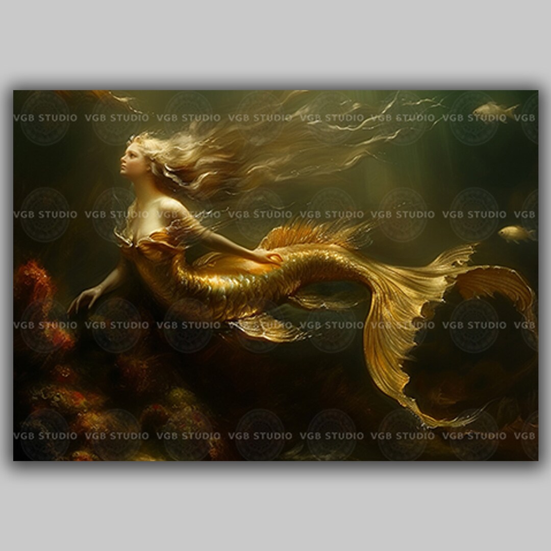Golden Mermaid Mystical Journey Under the Sea, Ocean Nymph Siren ...