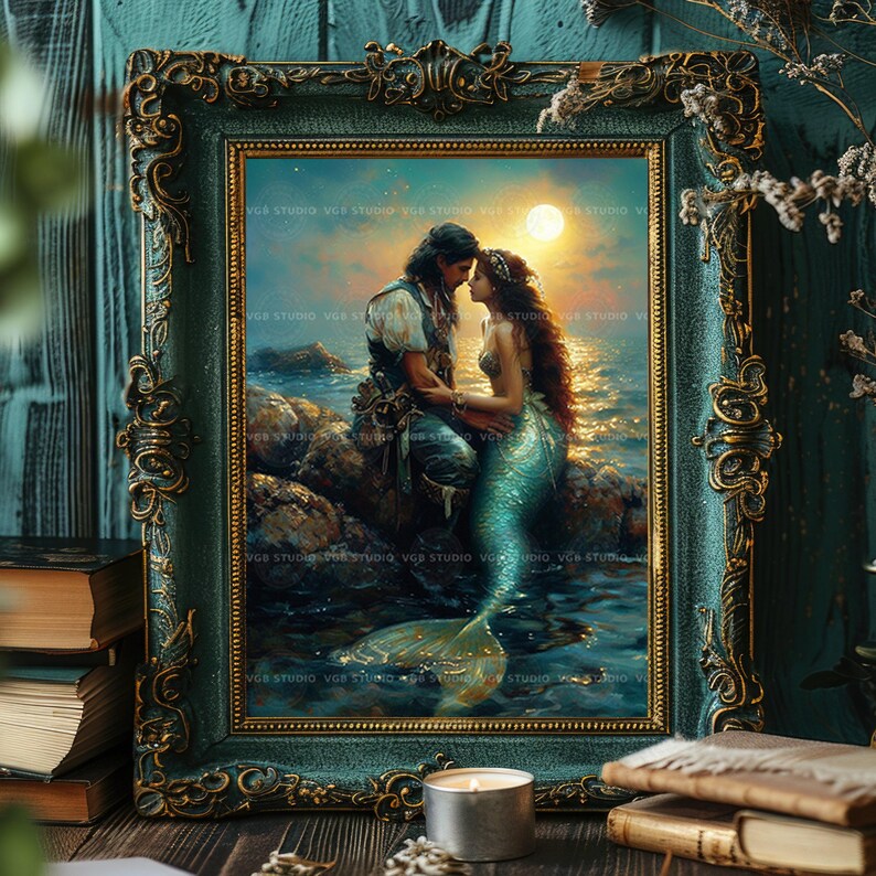Mermaid and Pirate Wall Art Romantic Fantasy Ocean Print Moonlit Love ...
