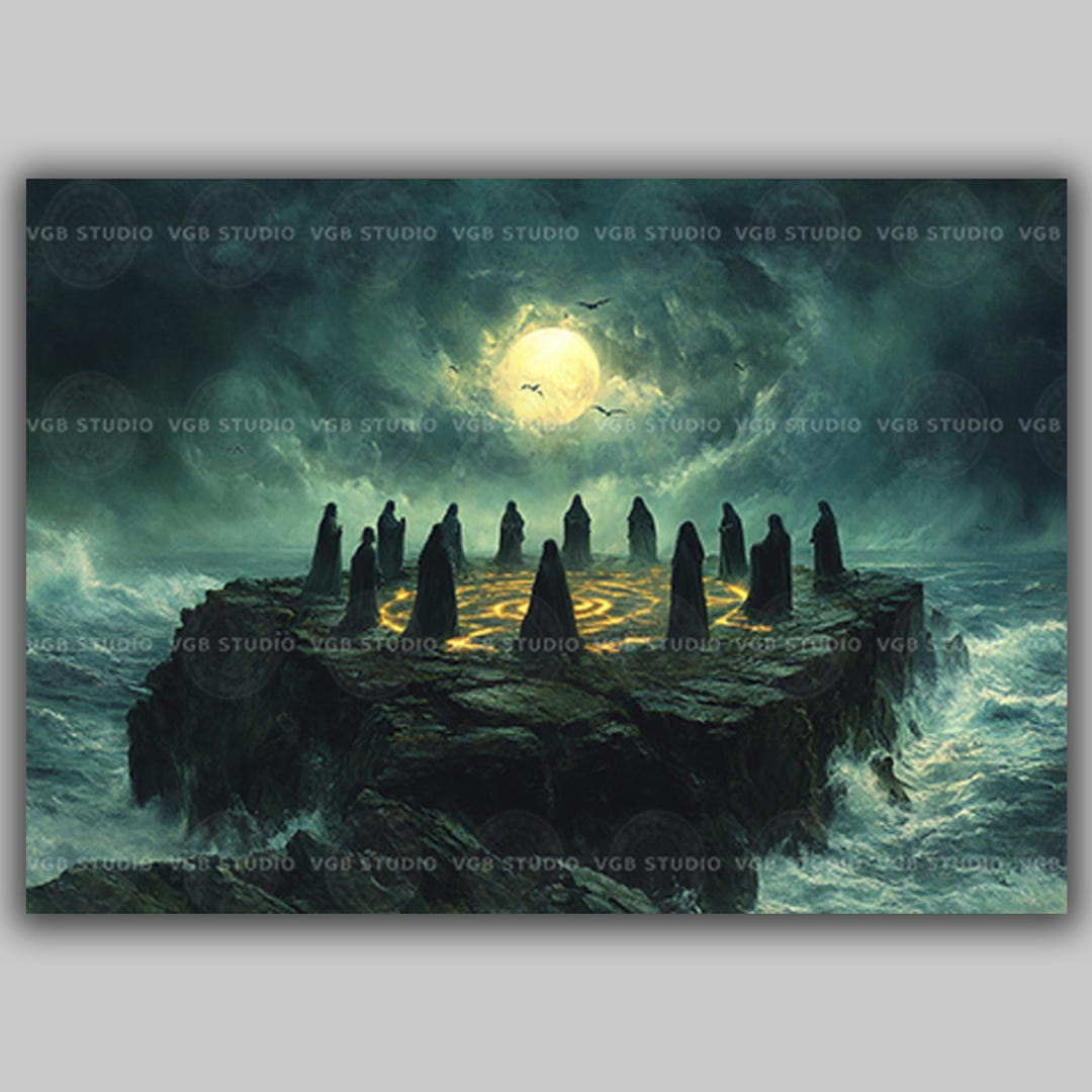 Dark Ritual Art Print Full Moon Ceremony Gothic Witches Circle on Cliff ...