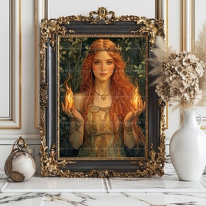 Celtic Goddess Brigid With Sacred Flames Art Print, Mystical Fire Deity ...