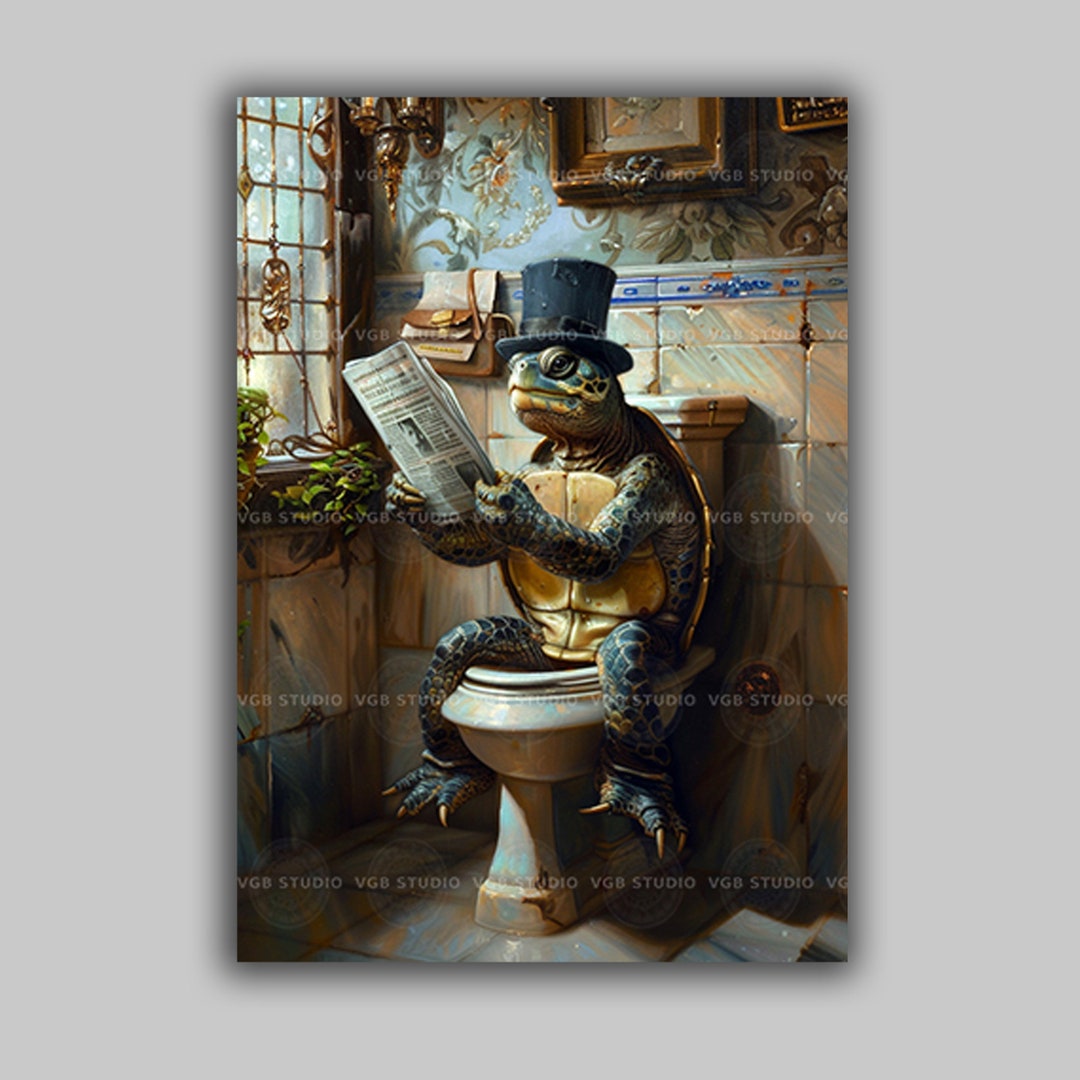 Turtle Victorian Top Hat Gentleman Reading Newspaper on Toilet ...