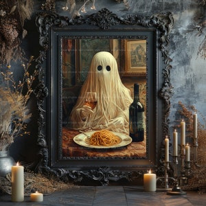 Ghost Dining With Wine and Pasta Art Print, Whimsical Haunted Dinner ...