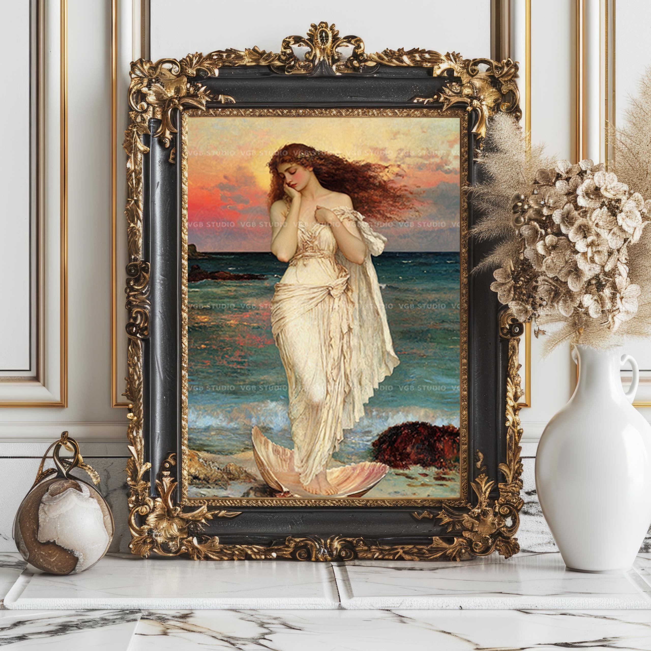 Aphrodite Greek Goddess Rising on Seashell at Sunset Serene Ocean ...