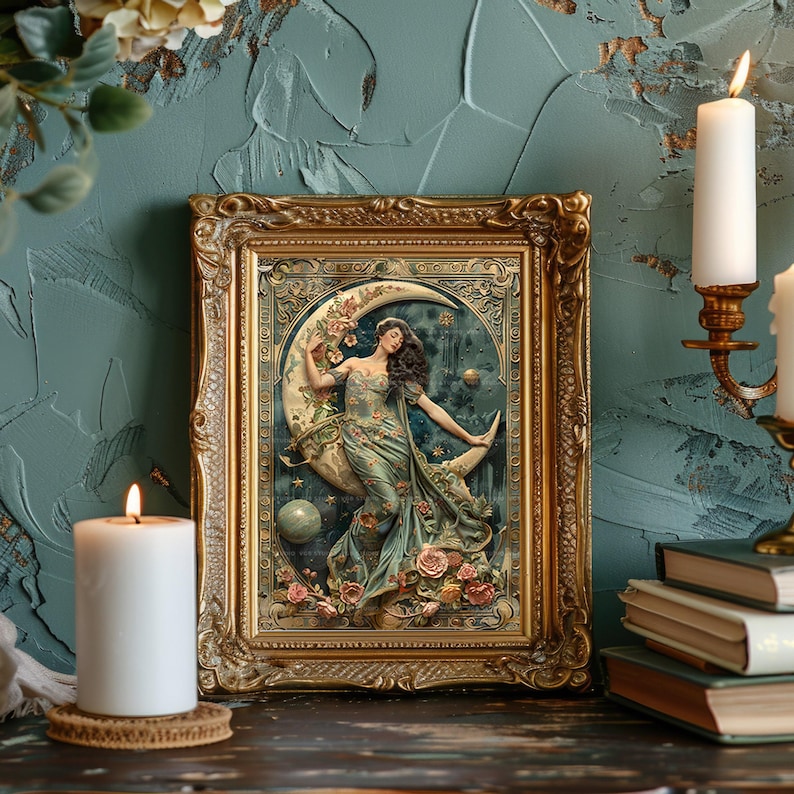 Selene Moon Greek Goddess, Art Deco Luna Baroque Painting, Celestial ...