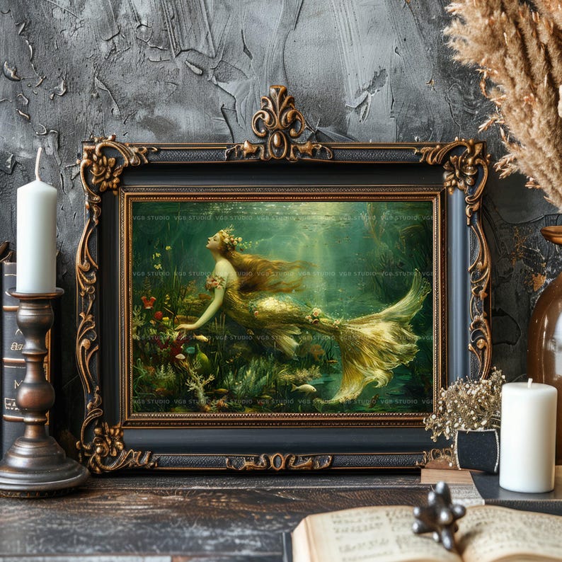 Golden Mermaid Swimming Under the Sea Coral Reef, Siren Whimsical ...