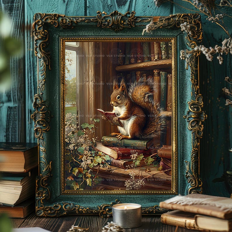 Squirrel Reading Book Victorian Abandoned Library Print, Bookish ...