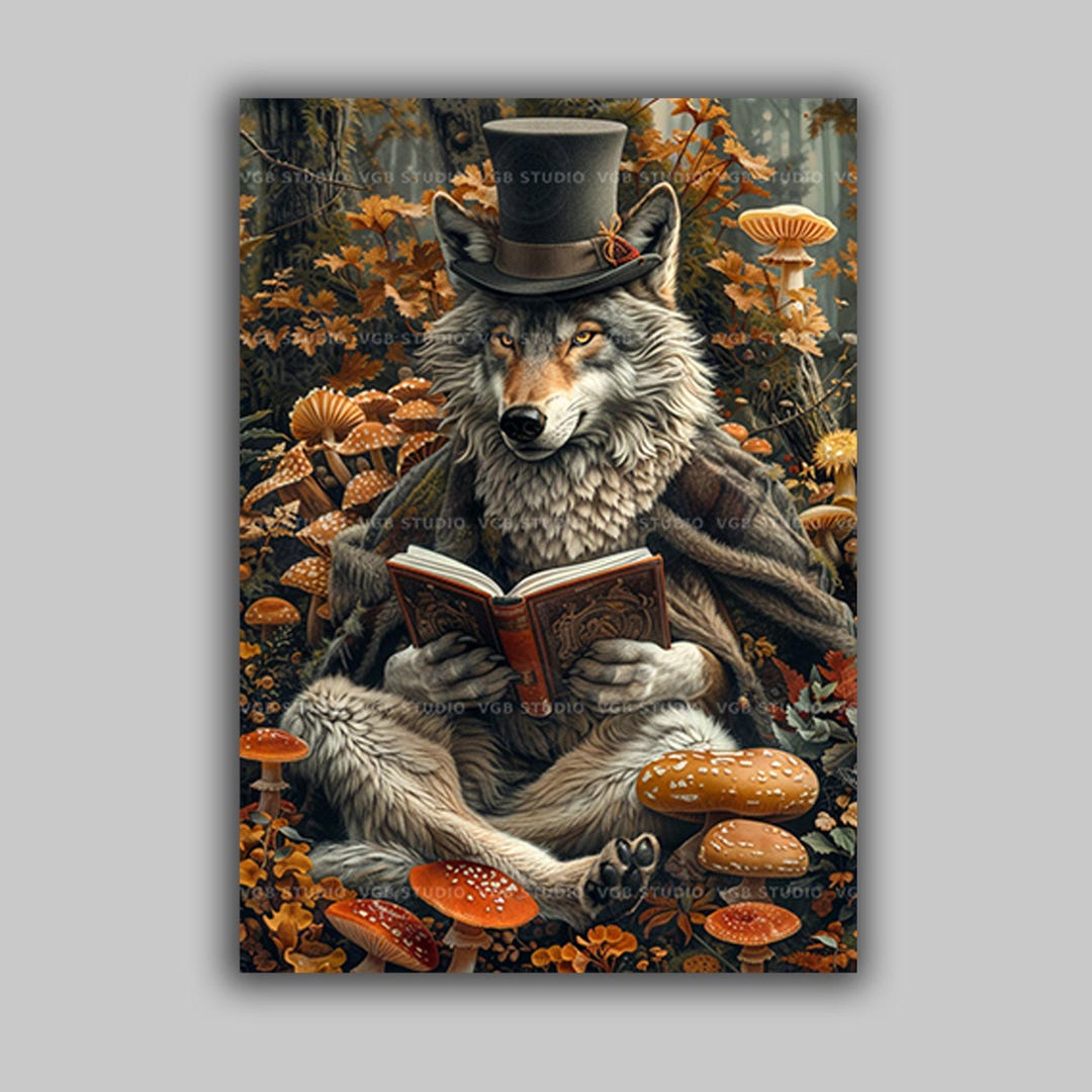 Whimsical Wolf Portrait Art Print Victorian Gentleman Reading in Forest ...