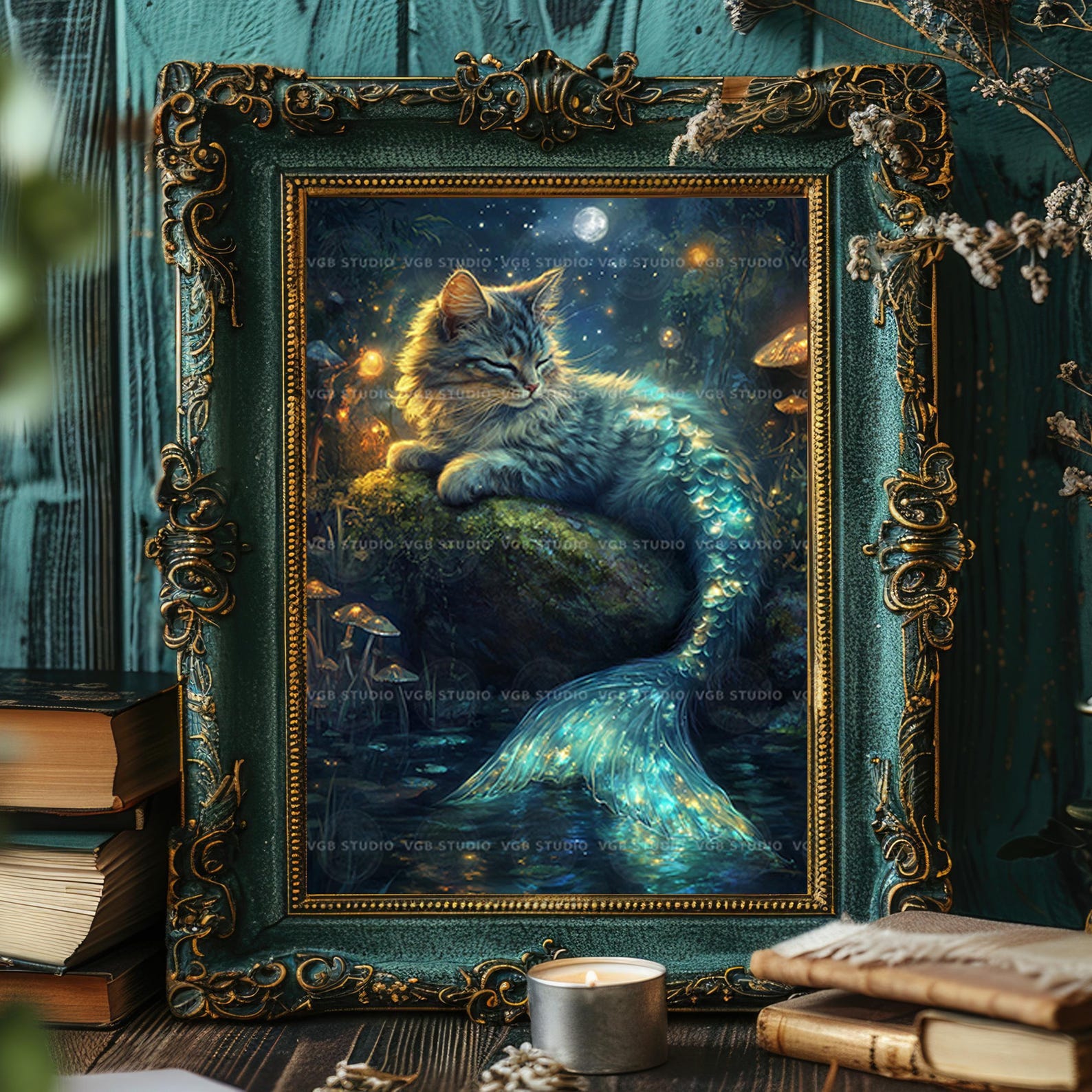 Mermaid Cat Mystical Fantasy Wall Art Enchanting Moonlit Forest Magical ...
