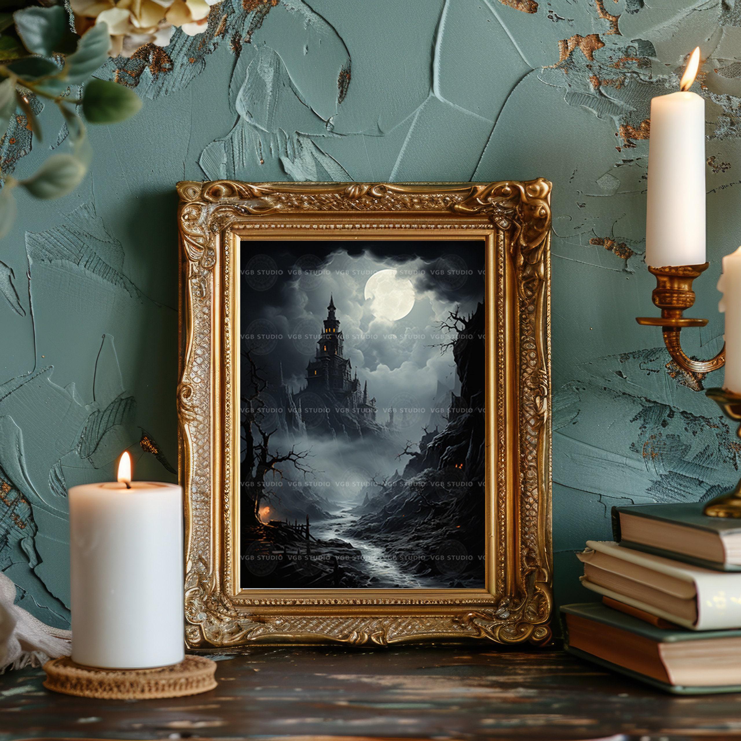 Dracula Castle Art Print Gothic Haunted Mansion Under Full Moon Spooky ...