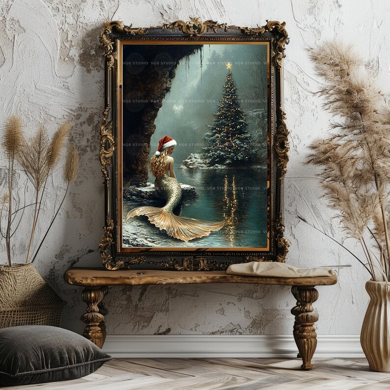 Christmas Mermaid Art Print Fantasy Holiday Wall Decor Whimsical Winter ...