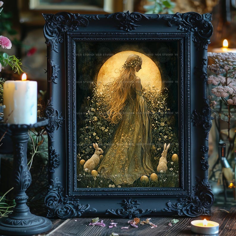 Ostara Art Print Spring Goddess Pagan Decor Hare and Moon Fantasy ...