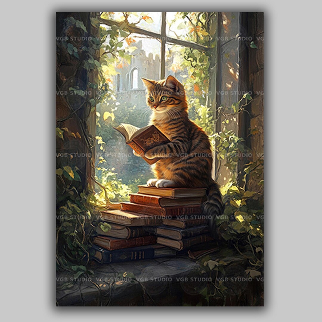 Tabby Ginger Cat Reading Books Art Print, Autumn Animal Library Decor ...