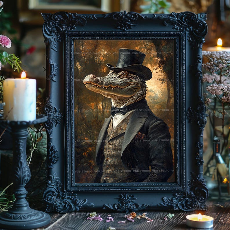 Alligator Art Print Victorian Animal Portrait Dapper Reptile Wall Decor ...