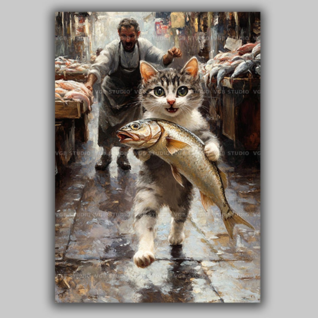 Tabby Cat Stealing Fish Whimsical Animal Print, Mischievous Kitten ...