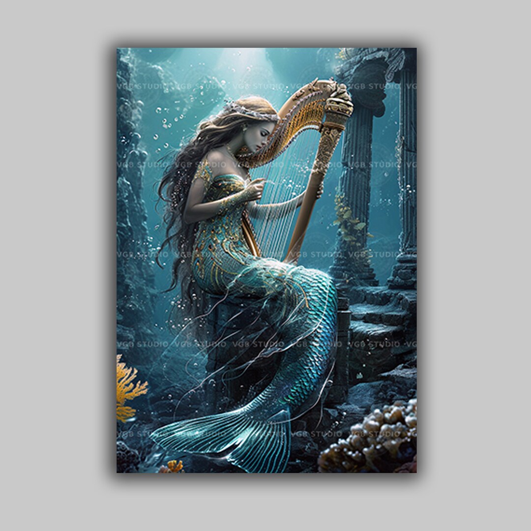 Mermaid Playing Harp Art Print Fantasy Ocean Decor Underwater Ruins ...