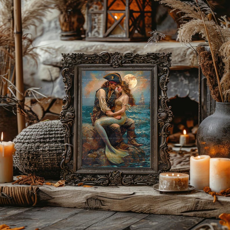 Pirate and Mermaid Art Print Fantasy Ocean Romance Nautical Wall Decor ...