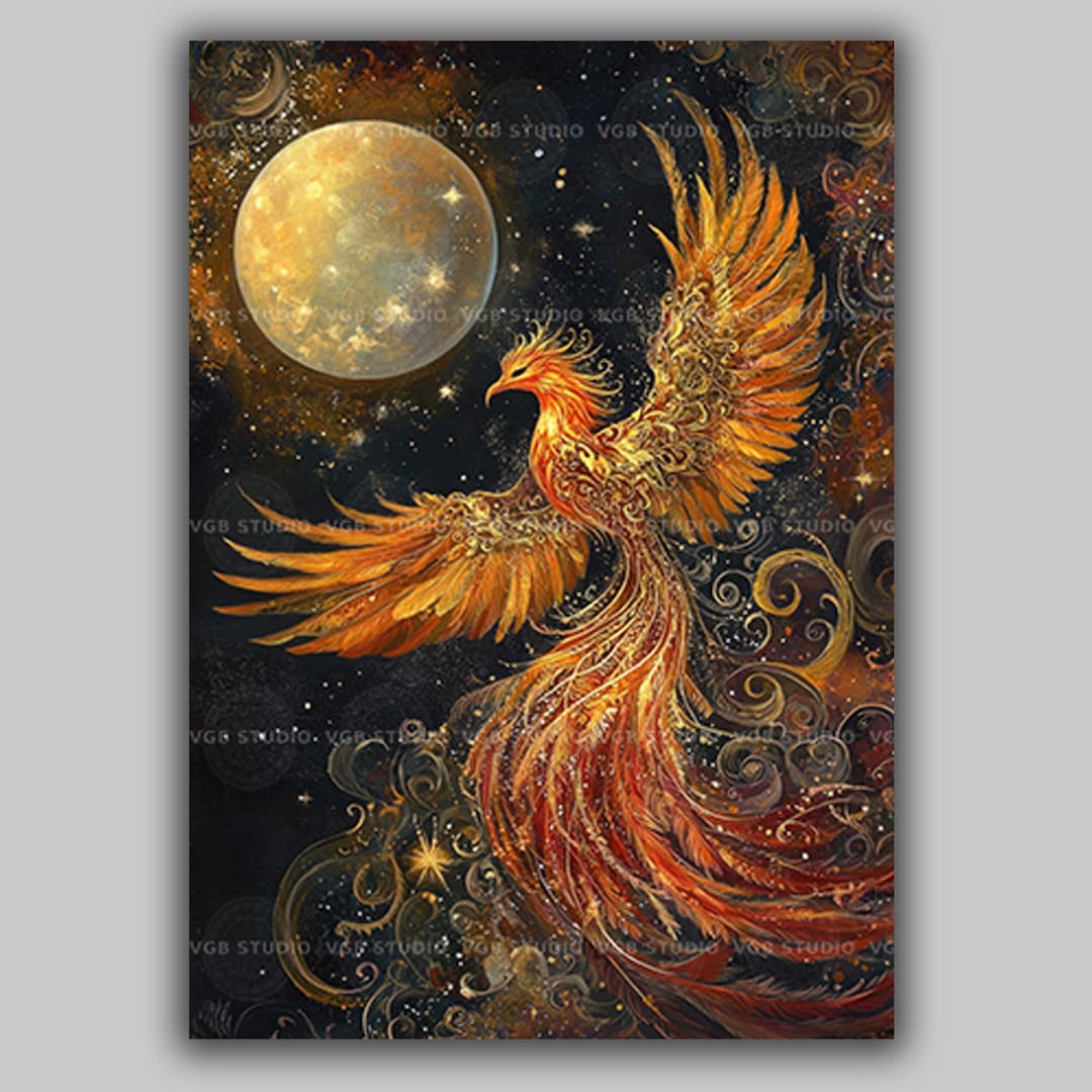 Phoenix Fantasy Art Print Mystical Fire Bird Celestial Moon Artwork ...