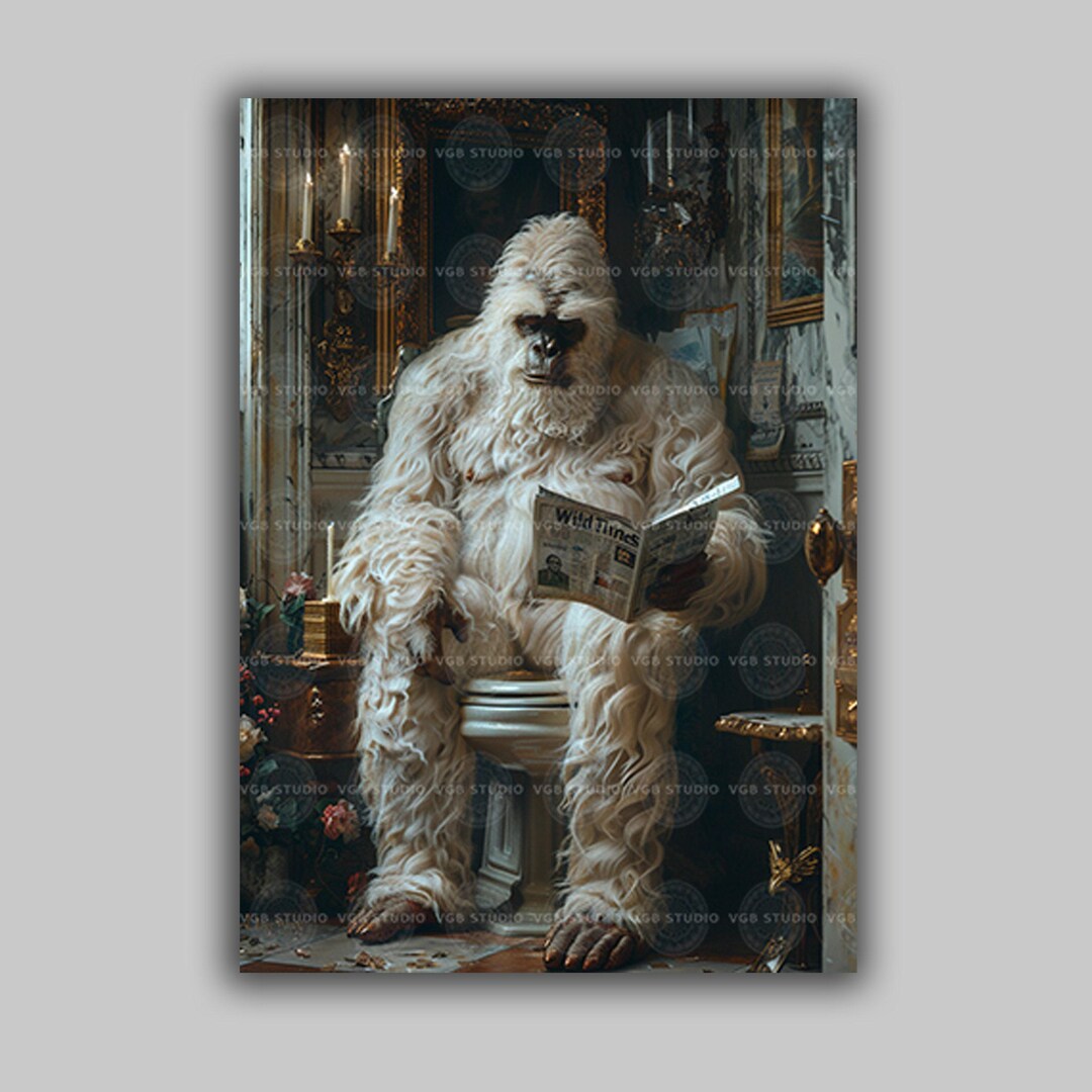 Yeti Bathroom Art Print | Funny Cryptid Reading Newspaper in Victorian ...