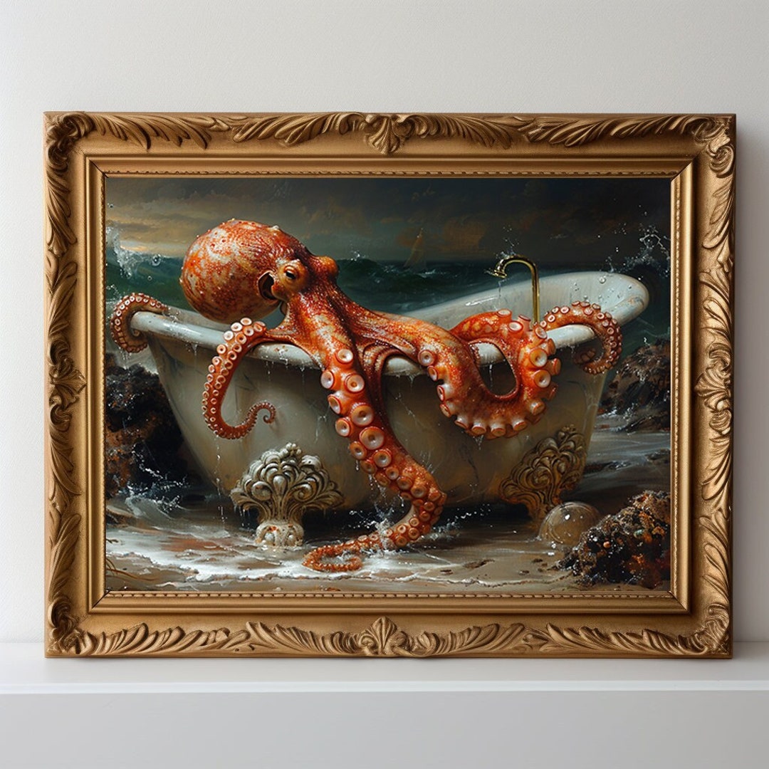 Octopus Ocean Bathtub Bathroom Art Print, Whimsical Vintage Painting ...