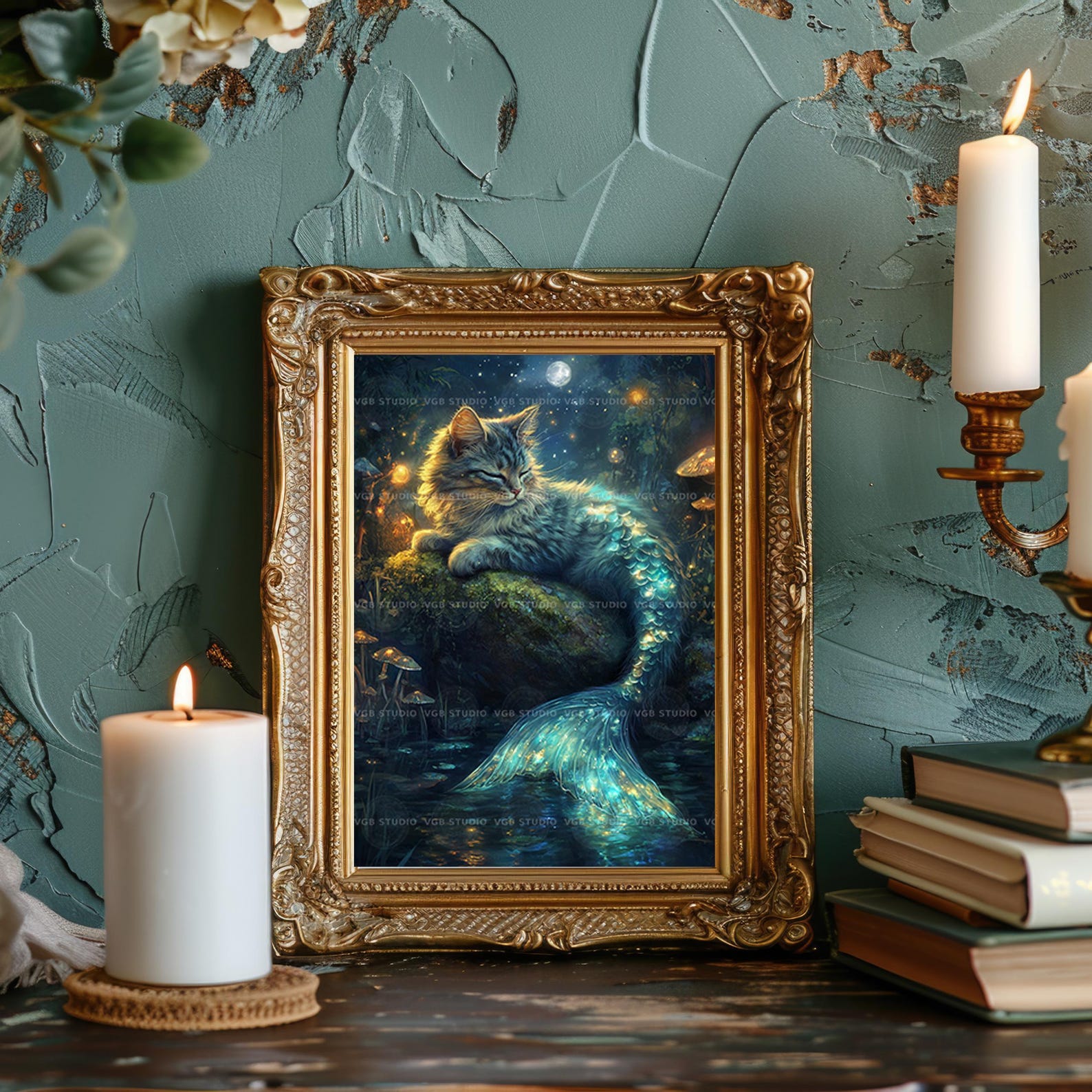 Mermaid Cat Mystical Fantasy Wall Art Enchanting Moonlit Forest Magical ...