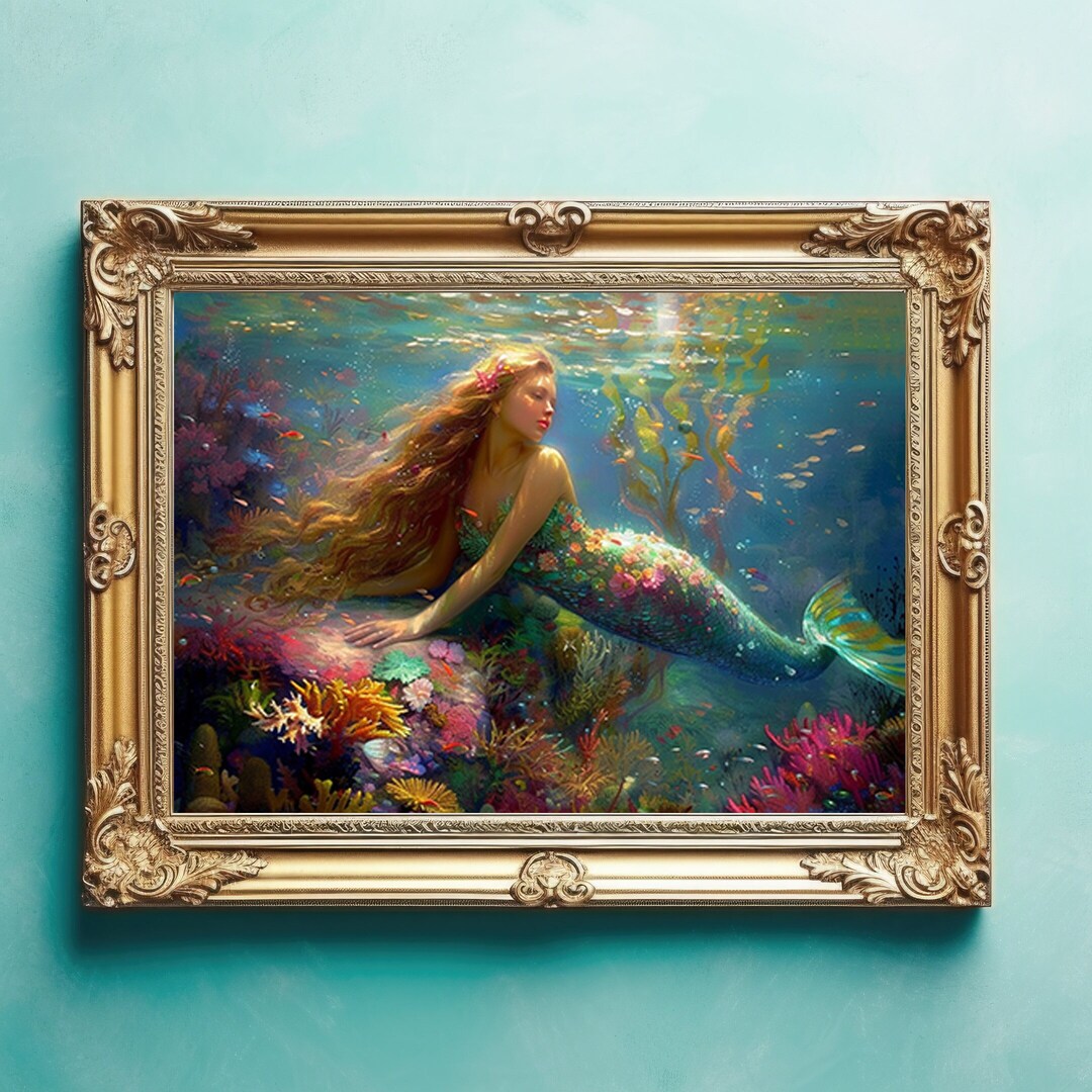 Beautiful Mermaid Coral Garden Print, Siren Under the Sea Vintage ...