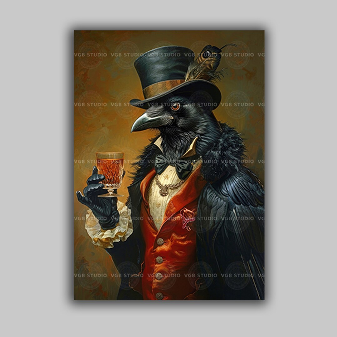 Crow Top Hat Raven Victorian Gentleman Having a Drink, Fancy Black Bird ...