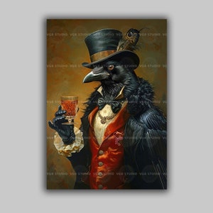 Crow Top Hat Raven Victorian Gentleman Having a Drink, Fancy Black Bird ...