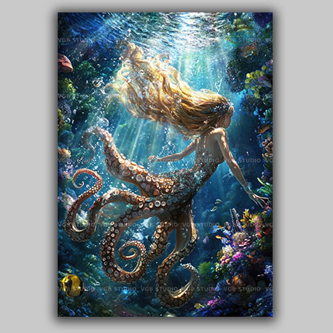 Octopus Mermaid Cecaelia Art Print, Mythical Golden Marine Mystical Sea ...