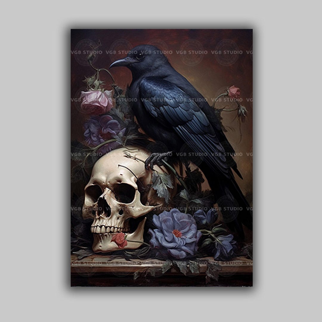 Raven Skull Art Print | Gothic Still Life Dark Bird Flowers Baroque ...