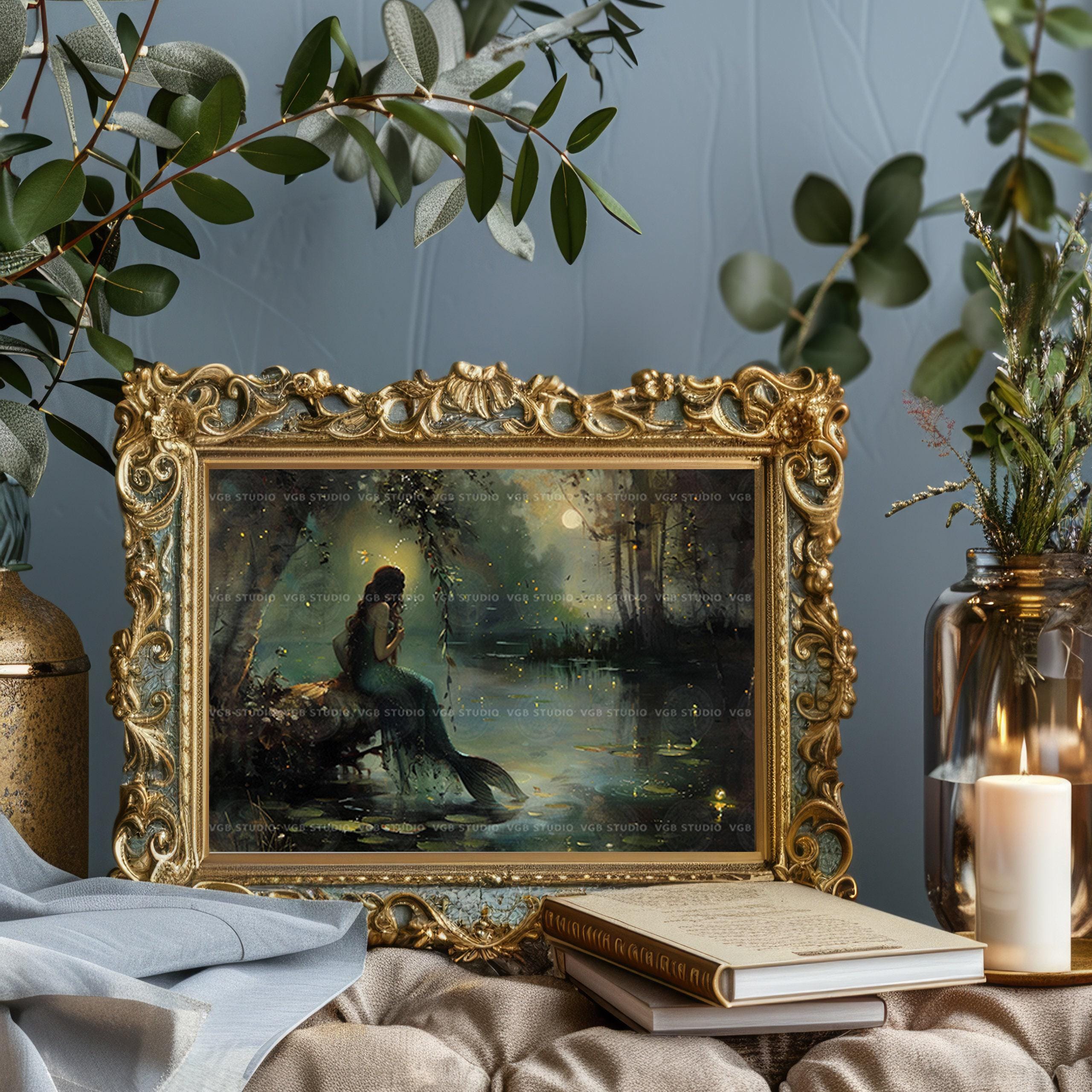 Mermaid Art Print Moonlit Forest Lake Enchanted Water Fantasy Wall ...
